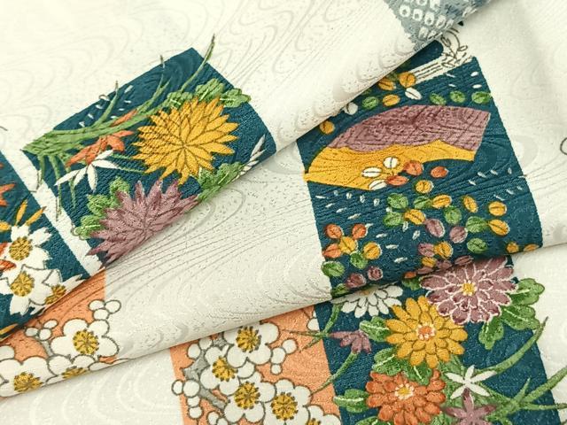 平和屋着物▽小紋　単衣　色紙草花文　さんび謹製　洗える着物　AAAZ9043fy