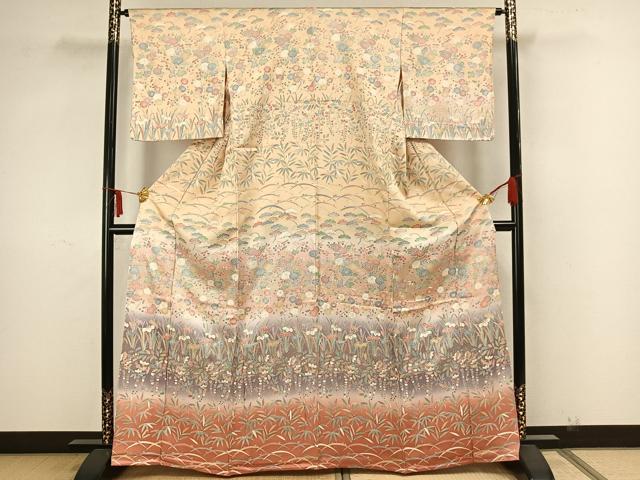 平和屋着物▽訪問着　単衣　草花文　金彩　正絹　逸品　AAAZ9074fy