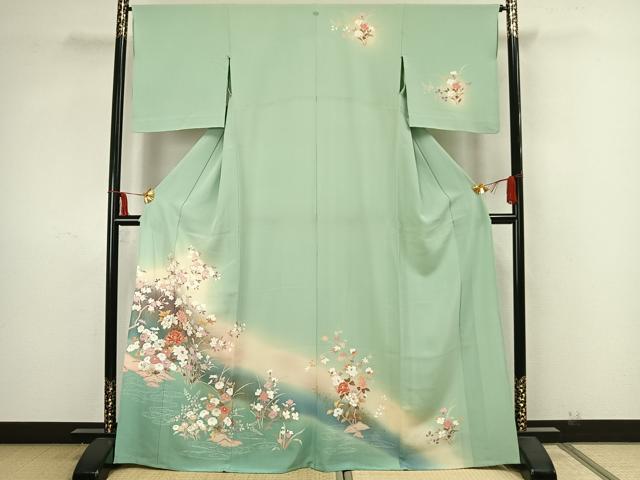 平和屋着物▽訪問着　単衣　草花文　暈し染め　金銀彩　正絹　逸品　AAAZ9076fy