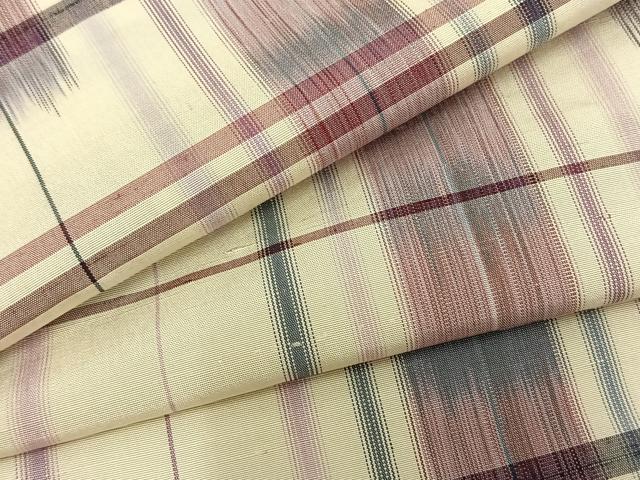 平和屋着物▽上質な紬　単衣　格子　正絹　逸品　AAAZ9088fy