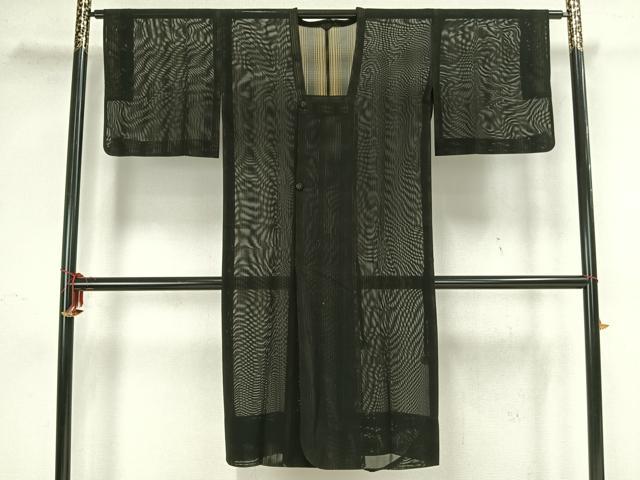 平和屋着物▽道行コート　スリーシーズン　春夏秋　塵除け　格子　黒地　銀糸　ロング丈　正絹　逸品　AAAZ9111fy