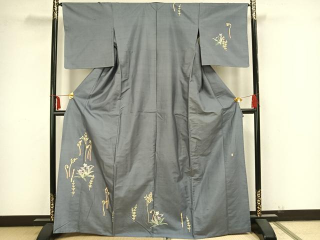 平和屋着物▽本加賀友禅作家　大村洋子　訪問着　単衣　白山紬　草花文　正絹　逸品　AAAZ9155fy