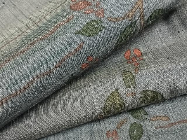 平和屋着物▽上質な紬　単衣　枝花文　正絹　逸品　AAAZ9239fy