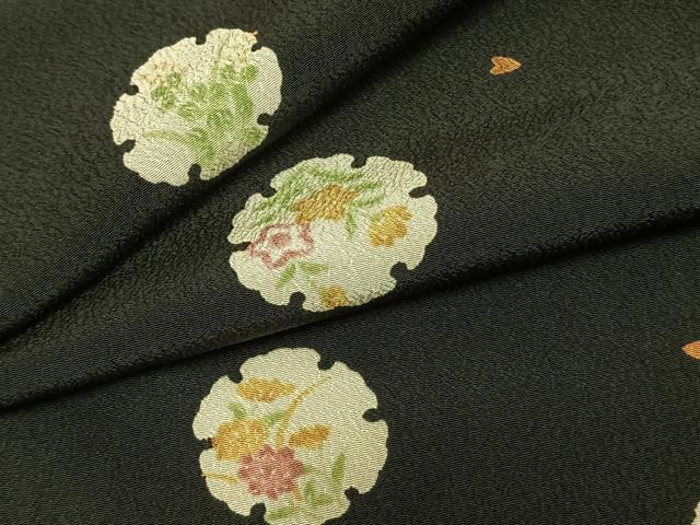 平和屋着物▽小紋　単衣　雪輪花文　黒地　洗える着物　AAAZ9262fy