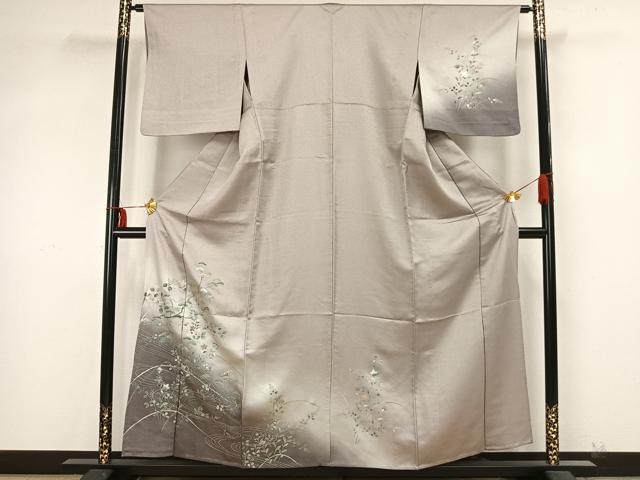 平和屋着物▽訪問着　単衣　草花文　金銀彩　正絹　逸品　AAAZ9282fy