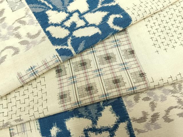 平和屋着物▽上質な紬　単衣　色紙草花文　正絹　逸品　AAAZ9316fy