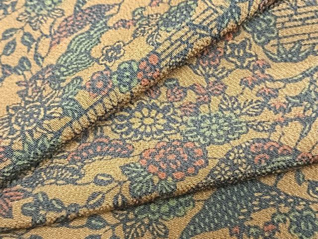 平和屋着物▽上質な小紋　単衣　型染め　風景草花文　鬼しぼ縮緬　正絹　逸品　AAAZ9349fy