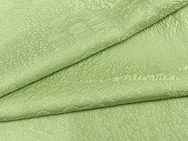 平和屋着物▽上質な色無地　単衣　風景地紋　若菜色　ロング丈　正絹　逸品　AAAZ9366fy