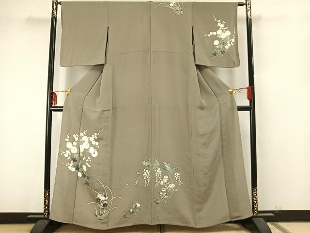 平和屋着物▽訪問着　単衣　草花文　鬼しぼ縮緬　正絹　逸品　AAAZ9379fy