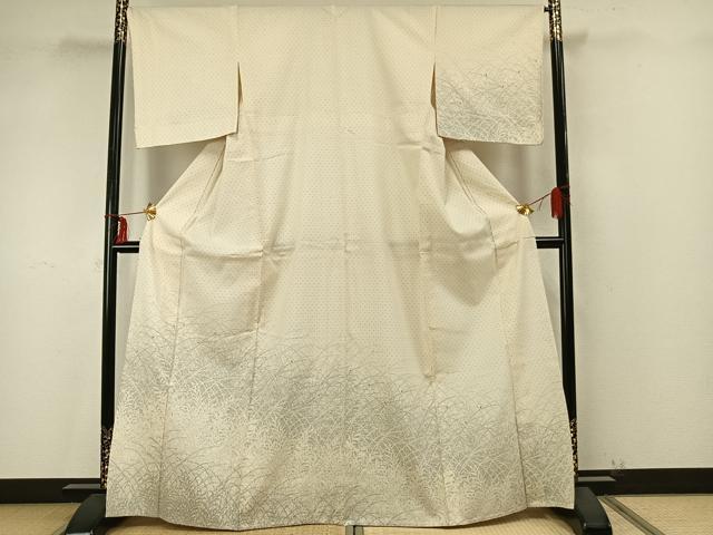 平和屋着物▽訪問着　単衣　紬地　草葉文　正絹　逸品　AAAZ9405fy