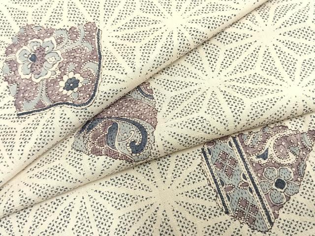 平和屋着物▽上質な紬　単衣　花唐草文　正絹　逸品　AAAZ9430fy