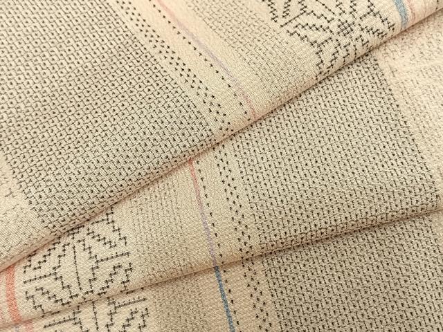 平和屋着物▽本塩沢　単衣　110亀甲　麻の葉間道　正絹　逸品　AAAZ9487fy