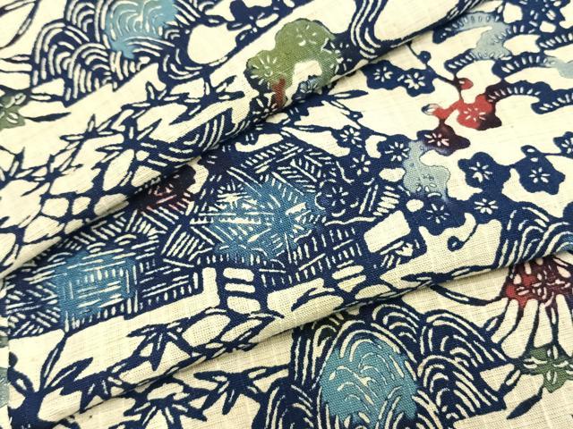 平和屋着物▽小紋　単衣　型染め　風景花文　綿　AAAZ9490fy