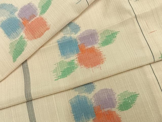 平和屋着物▽上質な紬　単衣　格子草花文　正絹　逸品　AAAZ9518fy