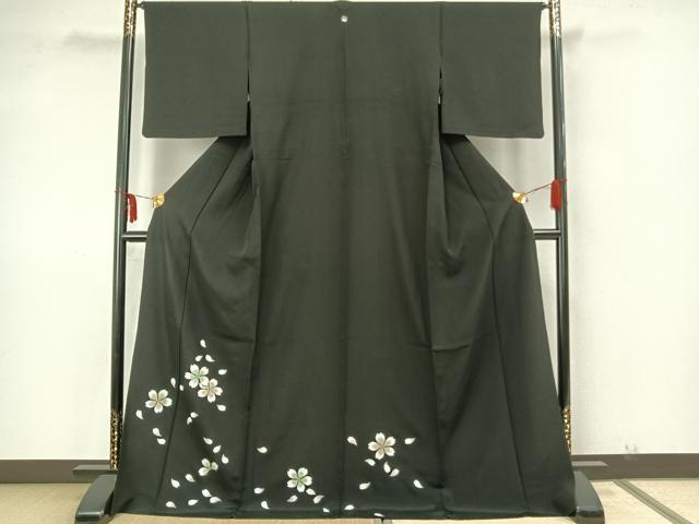 平和屋着物▽訪問着　単衣　舞桜文　黒地　ロング丈　正絹　逸品　AAAZ9525fy
