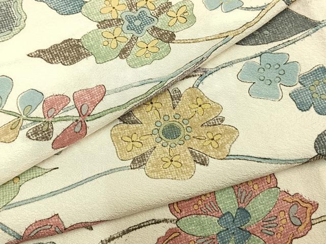 平和屋着物▽上質な小紋　単衣　草花文　反端付き　正絹　逸品　AAAZ9537fy