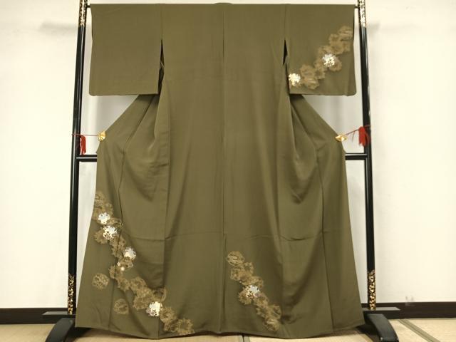 平和屋着物▽訪問着　単衣　刺繍　草花丸文　金銀彩　正絹　逸品　AAAZ9586fy