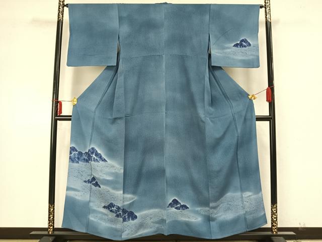 平和屋着物▽訪問着　単衣　絞り　藍　風景文　暈し染め　正絹　逸品　AAAZ9592fy