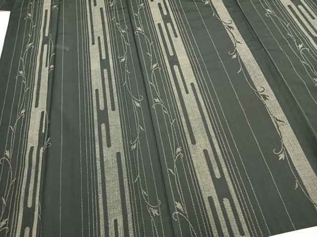 平和屋着物▽上質な紬 単衣 花唐草間道 黒地 正絹 逸品