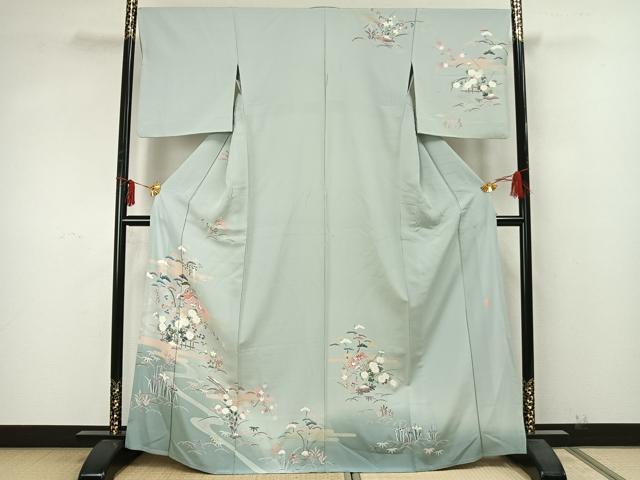 平和屋着物▽訪問着　単衣　作家物　風景扇面花文　正絹　逸品　AAAZ9648fy