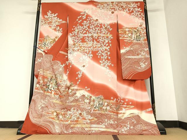 平和屋着物●豪華振袖　駒刺繍　御所車花文　暈し染め　金彩　正絹　逸品　AABA0176zg