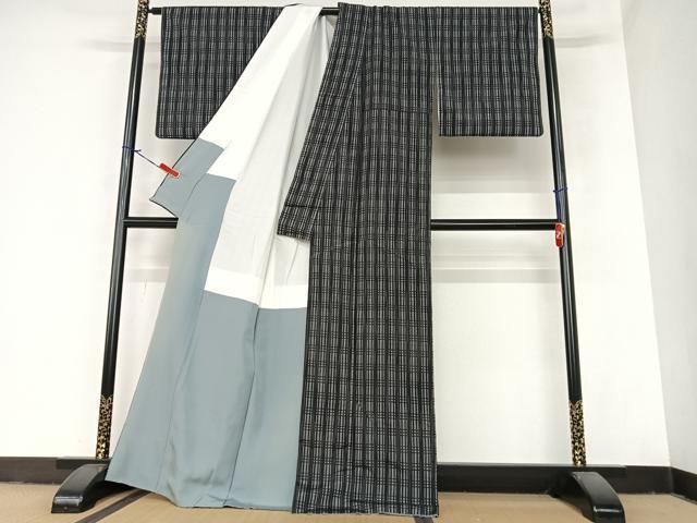 平和屋着物○道屯織 ロートン織 紬 格子 正絹 逸品 AABA0192zg