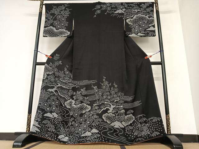 平和屋着物●訪問着　絞り　松竹梅　黒地　正絹　逸品　AABA0205zg