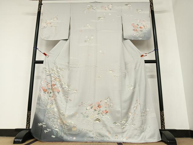 平和屋着物●訪問着　友禅　松竹梅風景文　暈し染め　金彩　正絹　逸品　AABA0208zg