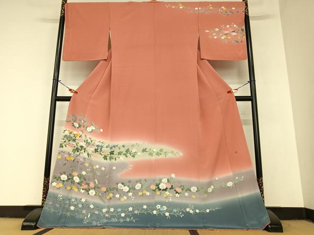 平和屋着物●熊野桂堂 友禅　蝋纈染　訪問着　枝花文　三越扱い　ロング丈　正絹　逸品　未使用　AABA0221zg