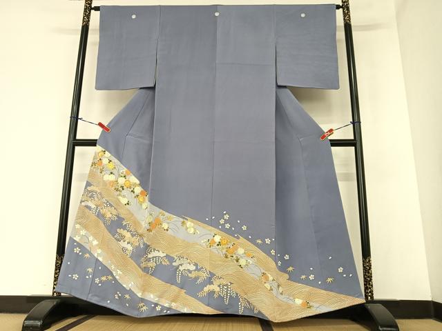 平和屋着物●創業460年・千總　色留袖　駒刺繍　流水草花文　金彩　高島屋扱い　正絹　逸品　AABA0268zg