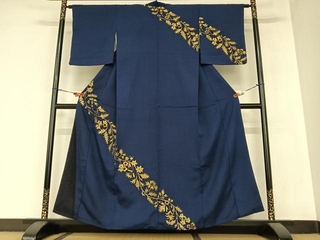 平和屋着物●お召　訪問着　寿光織　草花文　金糸　正絹　逸品　AABA0277zg