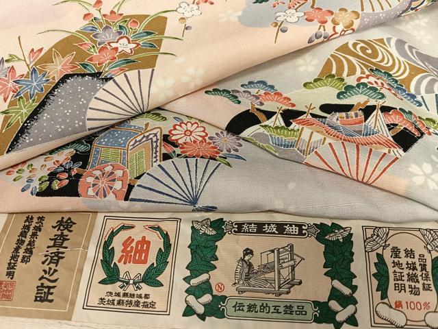 平和屋着物●結城紬　型染め　扇面御所車花文　証紙付き　正絹　逸品　AABA0291zg