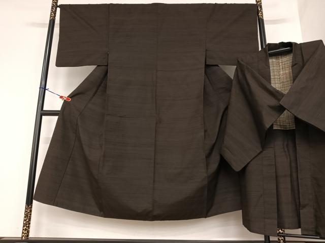 平和屋着物●男性　紬　アンサンブル　網代文様　黒鳶色　正絹　逸品　AABA0330zg