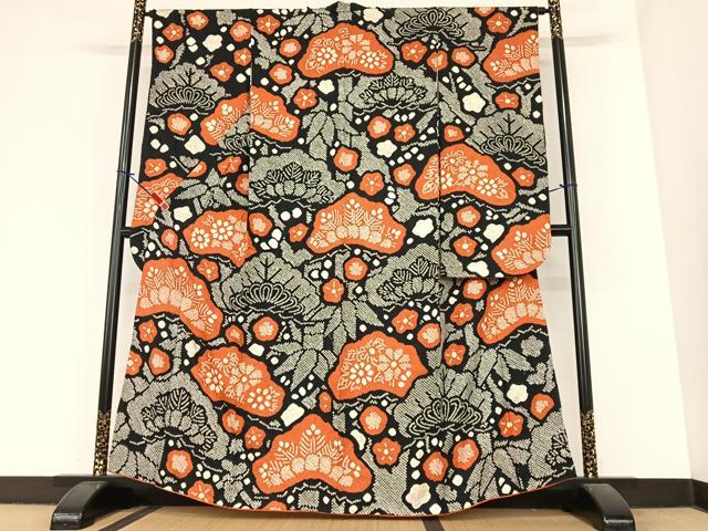 平和屋着物●豪華振袖　絞り　花松文　黒地　金彩　正絹　逸品　AABA0347zg