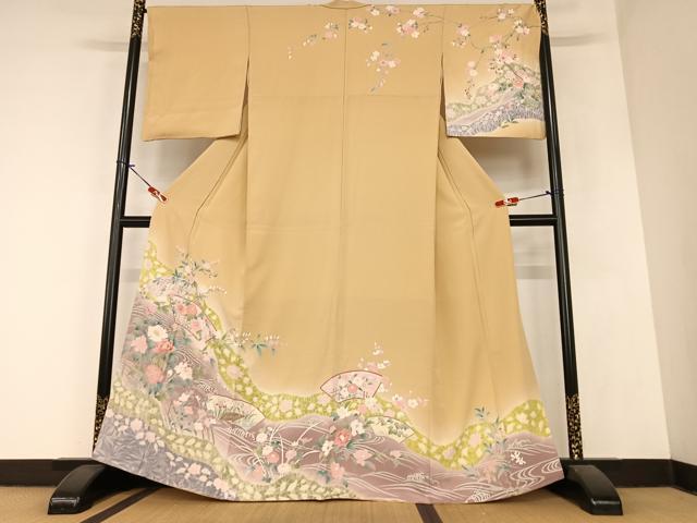 平和屋着物●訪問着　絞り　流水地紙重ね花文　暈し染め　正絹　逸品　AABA0396zg