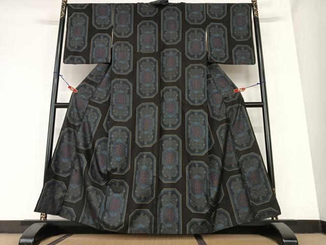 平和屋着物●本場大島紬　割り込み絣　幾何学文様　黒地　正絹　逸品　AABA0407zg