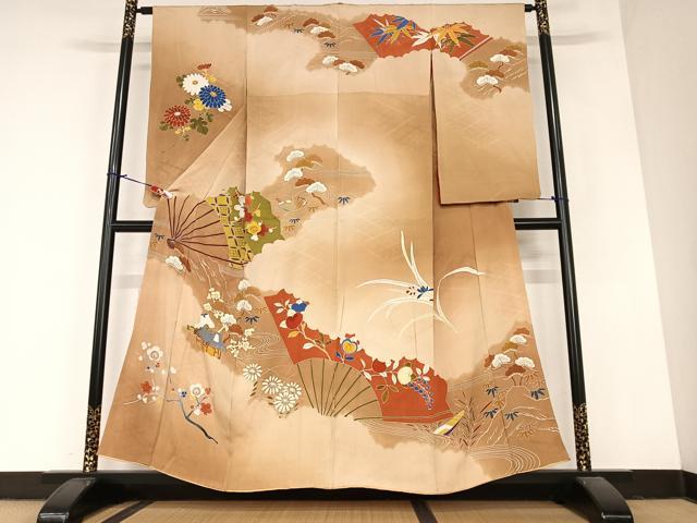 平和屋着物●アンティーク　大正ロマン　小振袖　二尺袖　駒刺繍　松竹梅風景文　暈し染め　金彩　正絹　逸品　AABA0419zg