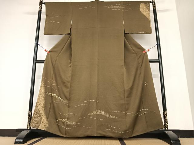 平和屋着物●森英恵・HANAE MORI　訪問着　刺繍　立波文　金糸　金彩　正絹　逸品　AABA0440zg