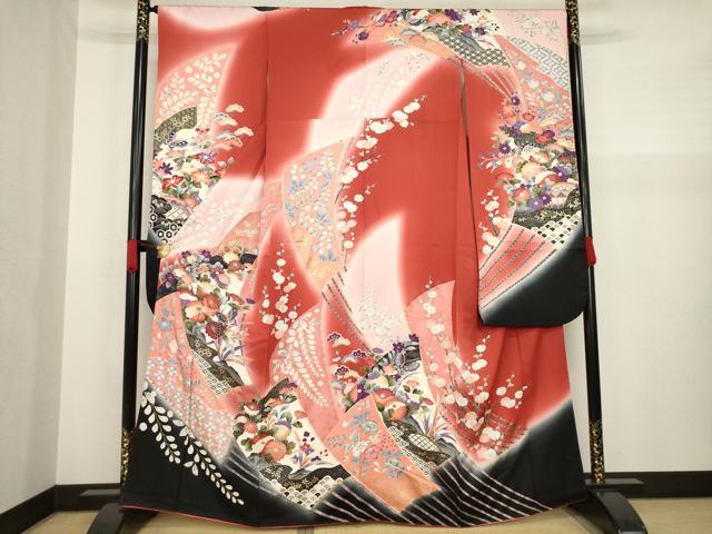 平和屋着物●豪華振袖　駒刺繍　几帳花蝶文　暈し染め　金彩　正絹　逸品　AABA0771ck