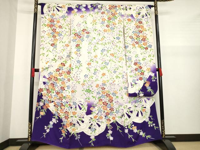 平和屋着物●豪華振袖　型染め　源氏車花文　暈し染め　正絹　逸品　AABA0790ck