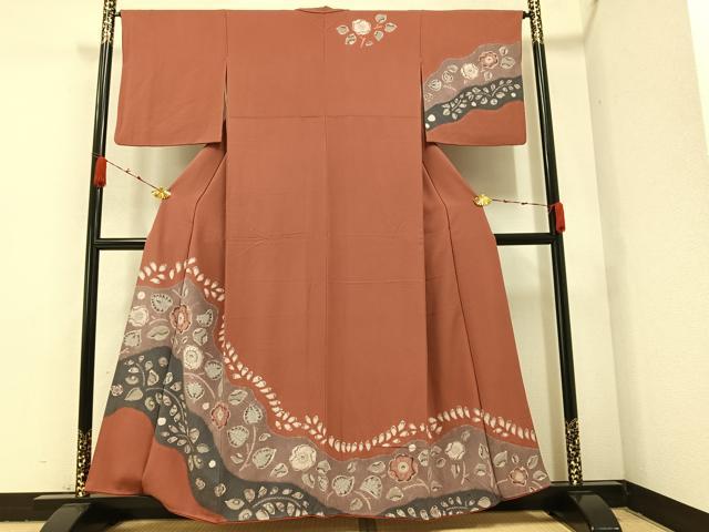 平和屋着物●訪問着　辻が花　絞り　真赭色　鈴乃屋扱い　正絹　逸品　AABA1255ph