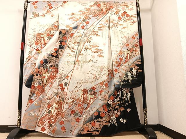 平和屋着物●豪華振袖　駒刺繍　御所車草花文　暈し染め　金彩　正絹　逸品　AABA1259ph