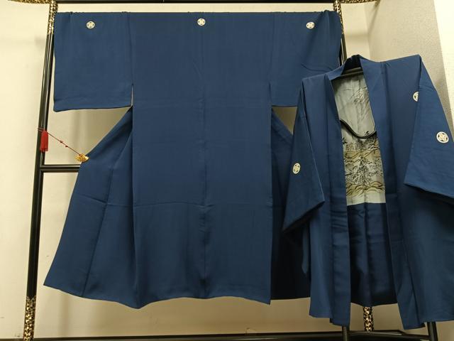 平和屋着物●男性　色紋付　羽織セット　藍鉄色　正絹　逸品　AABA1280ph