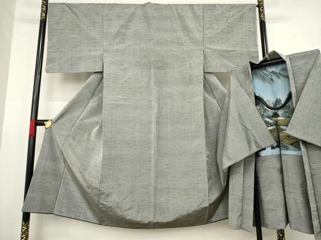 平和屋着物●男性　紬　アンサンブル　色無地　煤色　正絹　逸品　AABA1349ck