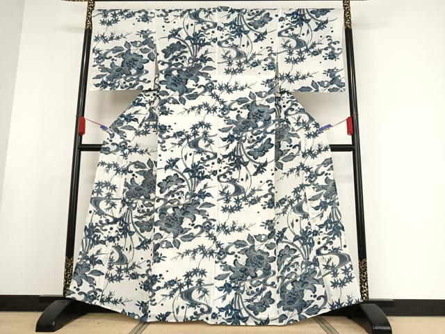 平和屋着物＊夏物　小紋　藍　流水草花文　麻　逸品　AABA2509np