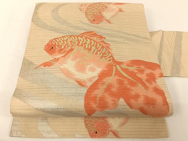 平和屋着物＊夏物　アンティーク　大正ロマン　九寸名古屋帯　金魚　金銀糸　正絹　逸品　AABA2549np