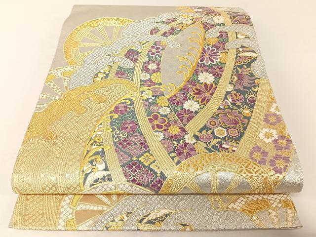 平和屋着物●京の名門　じゅらく謹製　帝王紫　六通柄袋帯　立波源氏車花文　金銀糸　正絹　逸品　AABA2560np