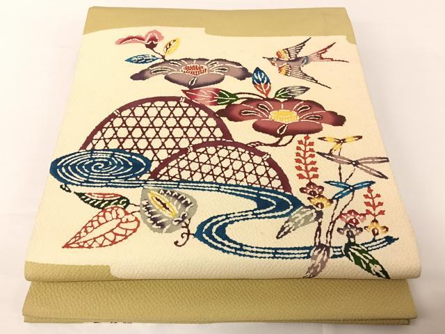 平和屋着物●本場琉球紅型　伊差川洋子　九寸開き名古屋帯　流水花鳥文　正絹　逸品　AABA2561np