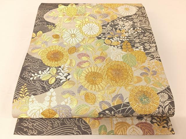 平和屋着物●京の名門　じゅらく謹製　黄金繭　六通柄袋帯　草花文　金銀糸　正絹　逸品　AABA2571np