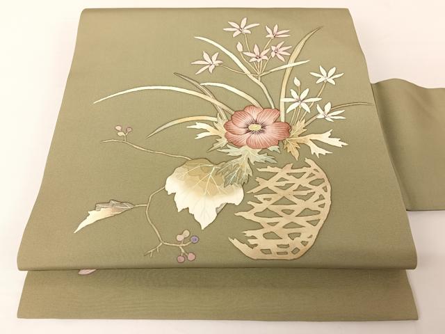 平和屋着物●染色作家　茂木蒼城　蒼城染め　九寸名古屋帯　ろうけつ染め　花籠文　正絹　逸品　AABA2578np